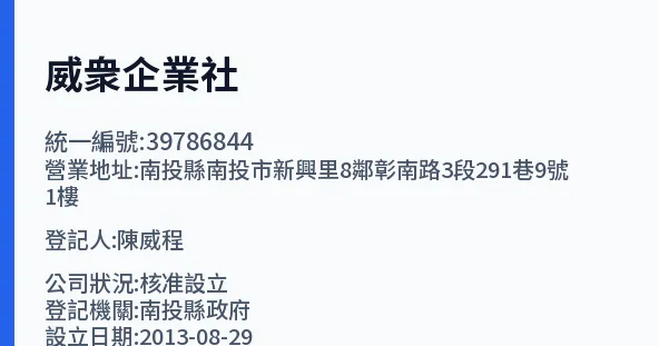 威衆企業社的照片-統編 39786844(南投縣) 公司登記資料與營業項目詳細圖表