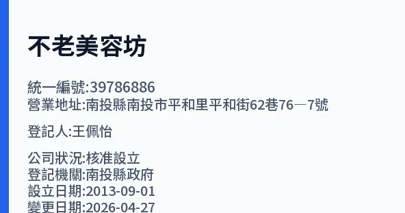 不老美容坊的照片-統編 39786886(南投縣) 公司登記資料與營業項目詳細圖表