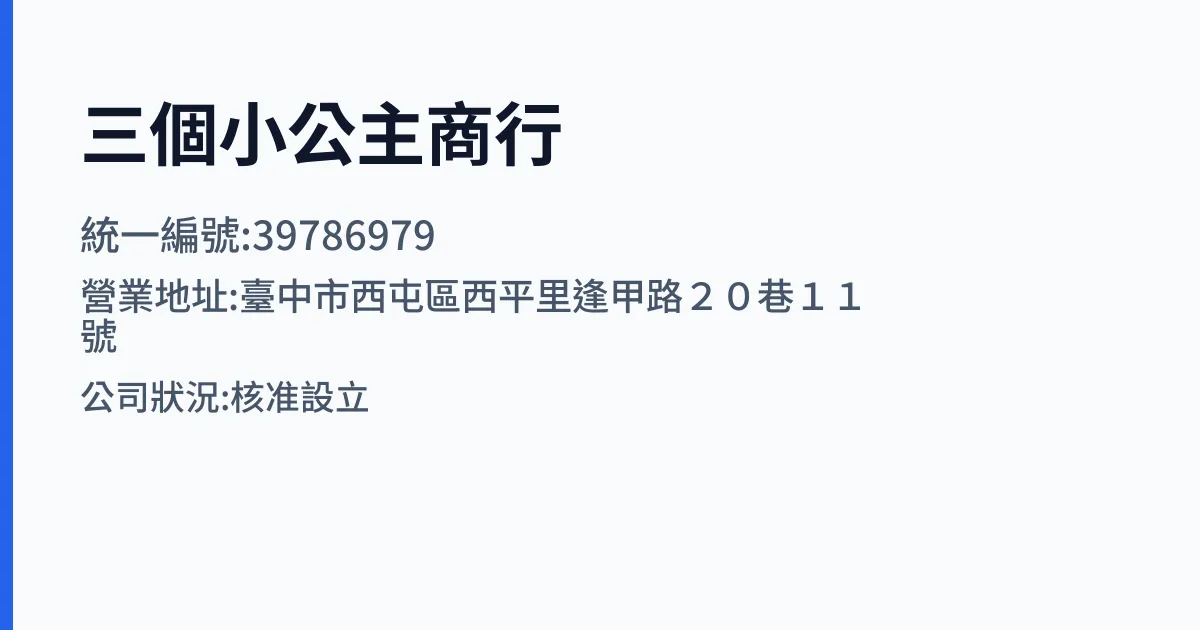 三個小公主商行 - 統編 39786979(臺中市) 公司登記資料與營業項目詳細圖表