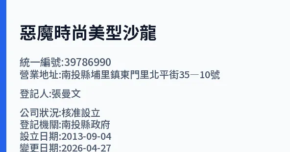 惡魔時尚美型沙龍的照片-統編 39786990(南投縣) 公司登記資料與營業項目詳細圖表