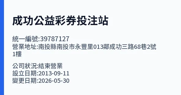 成功公益彩券投注站的照片-統編 39787127(南投縣) 公司登記資料與營業項目詳細圖表