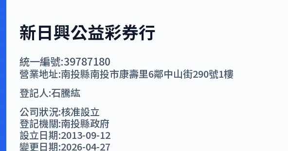 新日興公益彩券行的照片-統編 39787180(南投縣) 公司登記資料與營業項目詳細圖表