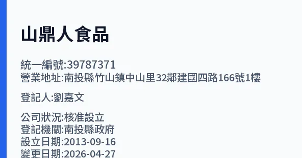 山鼎人食品的照片-統編 39787371(南投縣) 公司登記資料與營業項目詳細圖表
