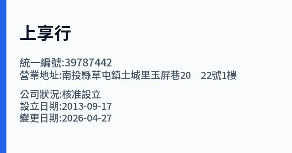 上享行的照片-統編 39787442(南投縣) 公司登記資料與營業項目詳細圖表