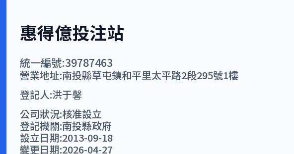 惠得億投注站的照片-統編 39787463(南投縣) 公司登記資料與營業項目詳細圖表