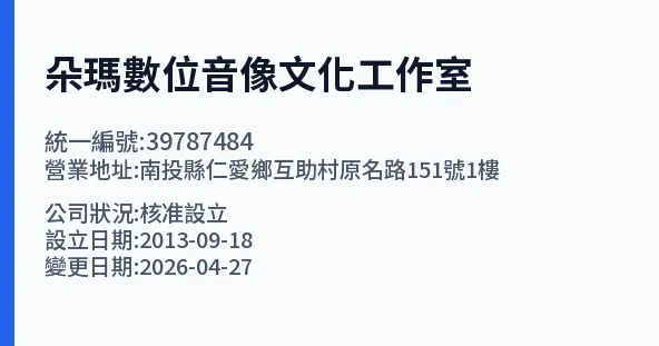 朵瑪數位音像文化工作室的照片-統編 39787484(南投縣) 公司登記資料與營業項目詳細圖表