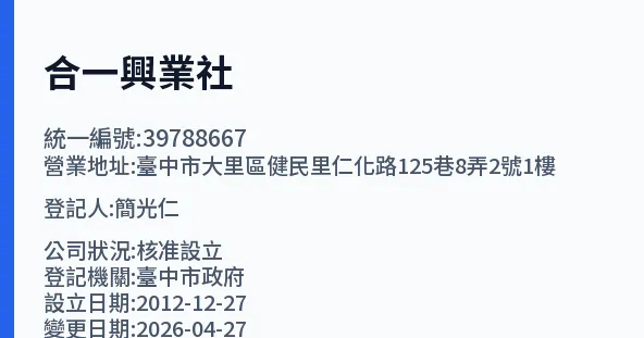 合一興業社的照片-統編 39788667(臺中市) 公司登記資料與營業項目詳細圖表