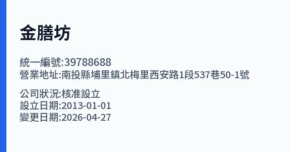 金膳坊的照片-統編 39788688(南投縣) 公司登記資料與營業項目詳細圖表
