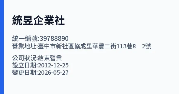 統昱企業社的照片-統編 39788890(臺中市) 公司登記資料與營業項目詳細圖表