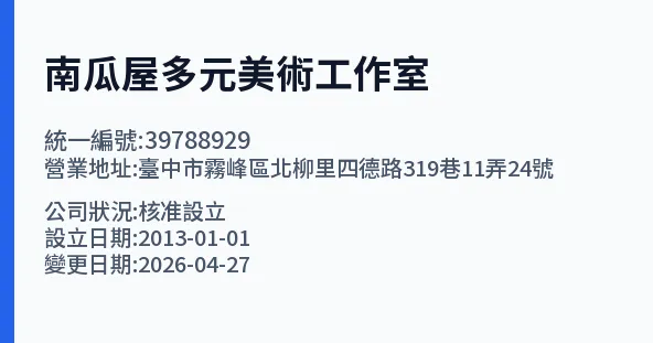 南瓜屋多元美術工作室的照片-統編 39788929(臺中市) 公司登記資料與營業項目詳細圖表