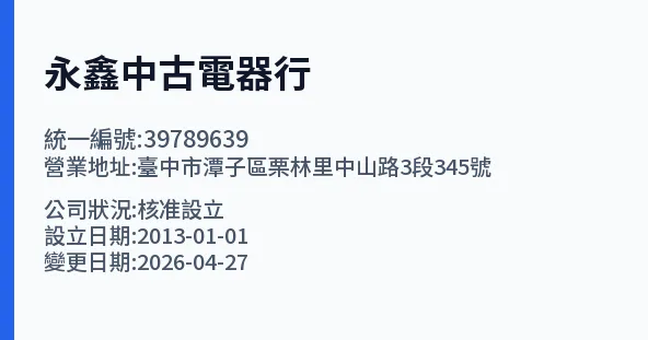 永鑫中古電器行的照片-統編 39789639(臺中市) 公司登記資料與營業項目詳細圖表