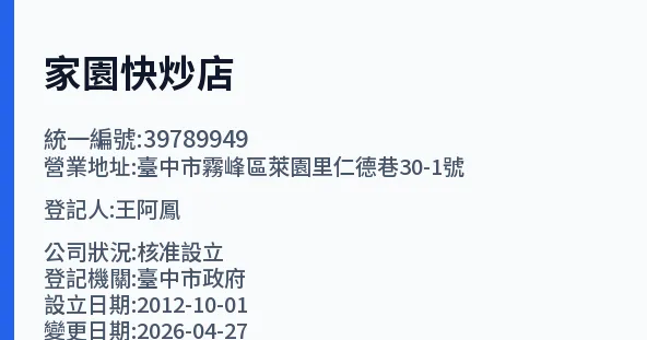 家園快炒店的照片-統編 39789949(臺中市) 公司登記資料與營業項目詳細圖表