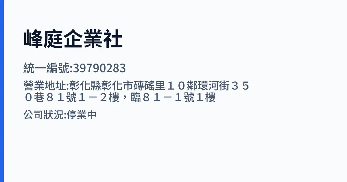 峰庭企業社 - 統編 39790283(彰化縣) 公司登記資料與營業項目詳細圖表