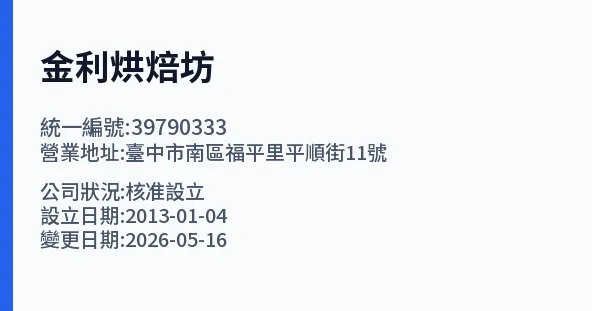 金利烘焙坊的照片-統編 39790333(臺中市) 公司登記資料與營業項目詳細圖表