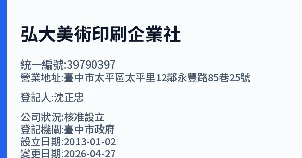 弘大美術印刷企業社的照片-統編 39790397(臺中市) 公司登記資料與營業項目詳細圖表