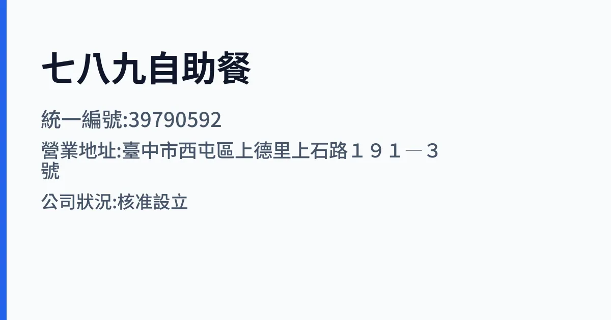 七八九自助餐 - 統編 39790592(臺中市) 公司登記資料與營業項目詳細圖表