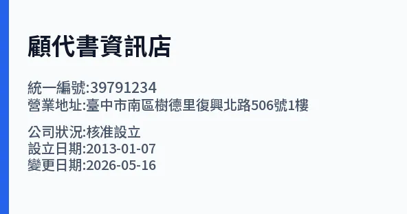 顧代書資訊店的照片-統編 39791234(臺中市) 公司登記資料與營業項目詳細圖表