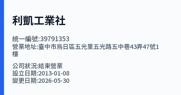 利凱工業社的照片-統編 39791353(臺中市) 公司登記資料與營業項目詳細圖表