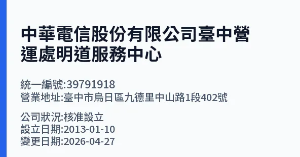 中華電信股份有限公司臺中營運處明道服務中心的照片-統編 39791918(臺中市) 公司登記資料與營業項目詳細圖表