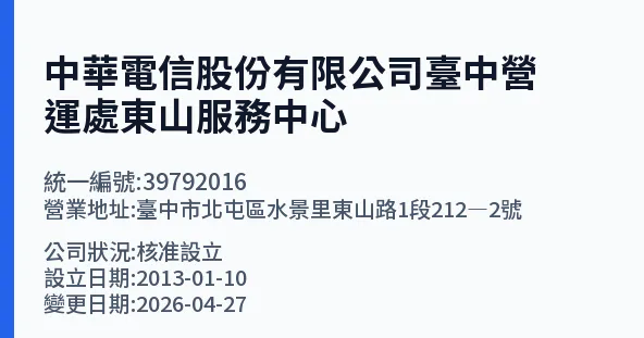 中華電信股份有限公司臺中營運處東山服務中心的照片-統編 39792016(臺中市) 公司登記資料與營業項目詳細圖表