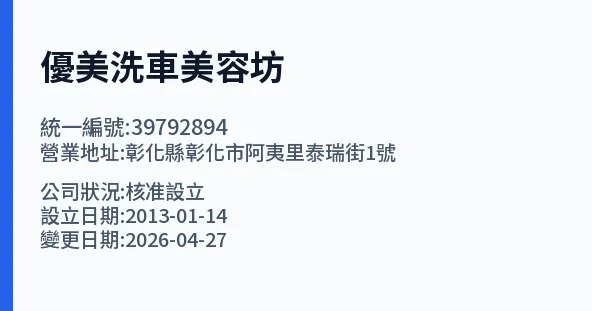 優美洗車美容坊的照片-統編 39792894(彰化縣) 公司登記資料與營業項目詳細圖表