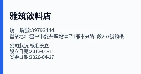 雅筑飲料店的照片-統編 39793444(臺中市) 公司登記資料與營業項目詳細圖表