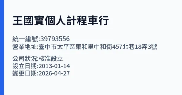 王國寶個人計程車行的照片-統編 39793556(臺中市) 公司登記資料與營業項目詳細圖表