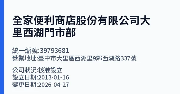 全家便利商店股份有限公司大里西湖門市部的照片-統編 39793681(臺中市) 公司登記資料與營業項目詳細圖表