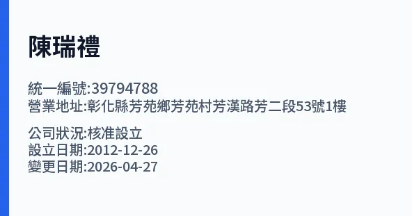 陳瑞禮的照片-統編 39794788(彰化縣) 公司登記資料與營業項目詳細圖表