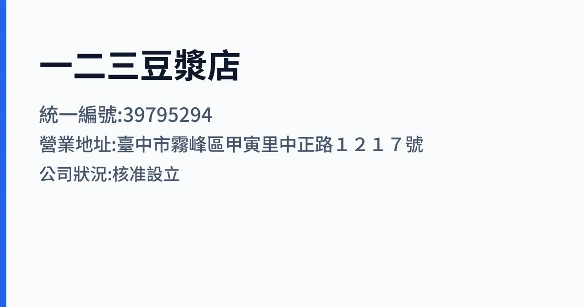 一二三豆漿店 - 統編 39795294(臺中市) 公司登記資料與營業項目詳細圖表