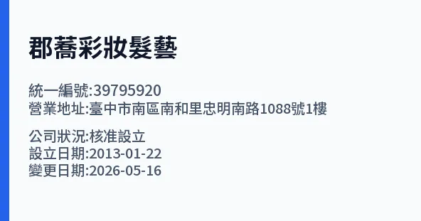 郡蕎彩妝髮藝的照片-統編 39795920(臺中市) 公司登記資料與營業項目詳細圖表