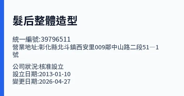 髮后整體造型的照片-統編 39796511(彰化縣) 公司登記資料與營業項目詳細圖表