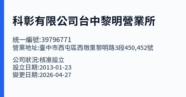 科彰有限公司台中黎明營業所的照片-統編 39796771(臺中市) 公司登記資料與營業項目詳細圖表