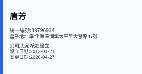 唐芳的照片-統編 39796934(彰化縣) 公司登記資料與營業項目詳細圖表