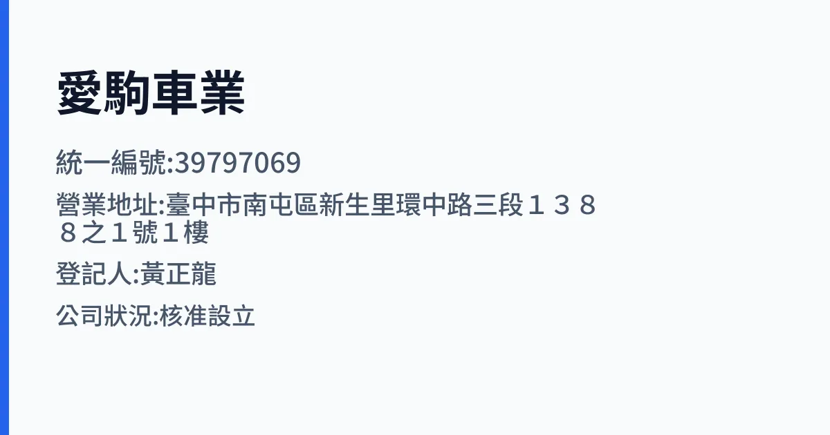 愛駒車業 - 統編 39797069(臺中市) 公司登記資料與營業項目詳細圖表