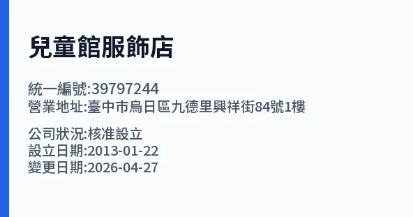 兒童館服飾店的照片-統編 39797244(臺中市) 公司登記資料與營業項目詳細圖表
