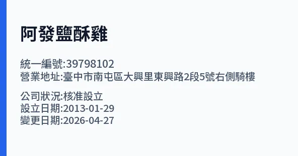 阿發鹽酥雞的照片-統編 39798102(臺中市) 公司登記資料與營業項目詳細圖表