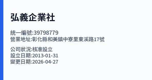 弘義企業社的照片-統編 39798779(彰化縣) 公司登記資料與營業項目詳細圖表