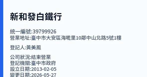 新和發白鐵行的照片-統編 39799926(臺中市) 公司登記資料與營業項目詳細圖表