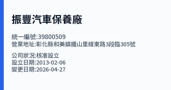 振豐汽車保養廠的照片-統編 39800509(彰化縣) 公司登記資料與營業項目詳細圖表