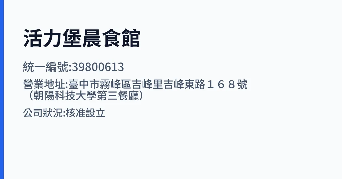 活力堡晨食館 - 統編 39800613(臺中市) 公司登記資料與營業項目詳細圖表