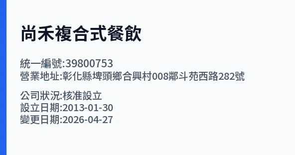 尚禾複合式餐飲的照片-統編 39800753(彰化縣) 公司登記資料與營業項目詳細圖表
