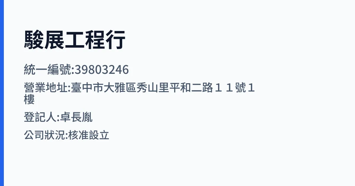 駿展工程行 - 統編 39803246(臺中市) 公司登記資料與營業項目詳細圖表