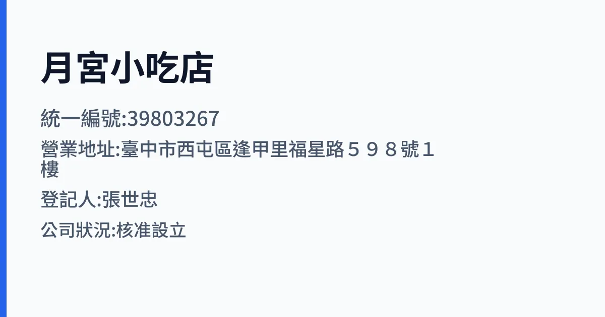 月宮小吃店 - 統編 39803267(臺中市) 公司登記資料與營業項目詳細圖表