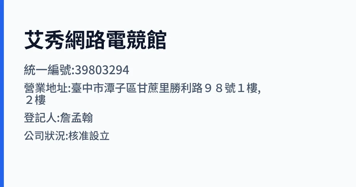 艾秀網路電競館 - 統編 39803294(臺中市) 公司登記資料與營業項目詳細圖表