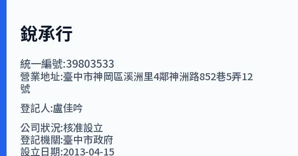 銳承行的照片-統編 39803533(臺中市) 公司登記資料與營業項目詳細圖表