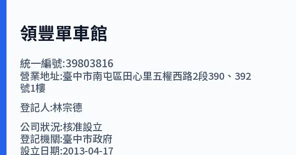 領豐單車館的照片-統編 39803816(臺中市) 公司登記資料與營業項目詳細圖表