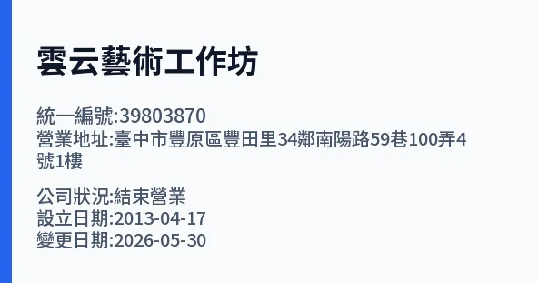 雲云藝術工作坊的照片-統編 39803870(臺中市) 公司登記資料與營業項目詳細圖表