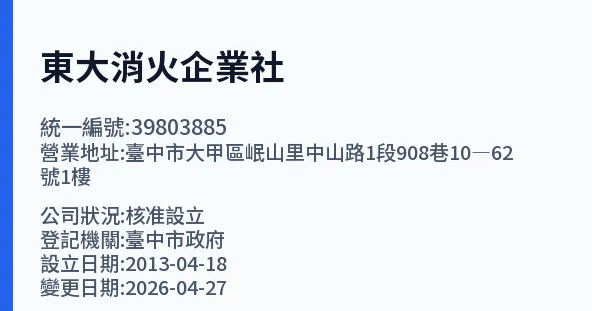 東大消火企業社的照片-統編 39803885(臺中市) 公司登記資料與營業項目詳細圖表