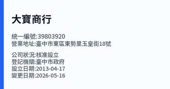 大寶商行的照片-統編 39803920(臺中市) 公司登記資料與營業項目詳細圖表